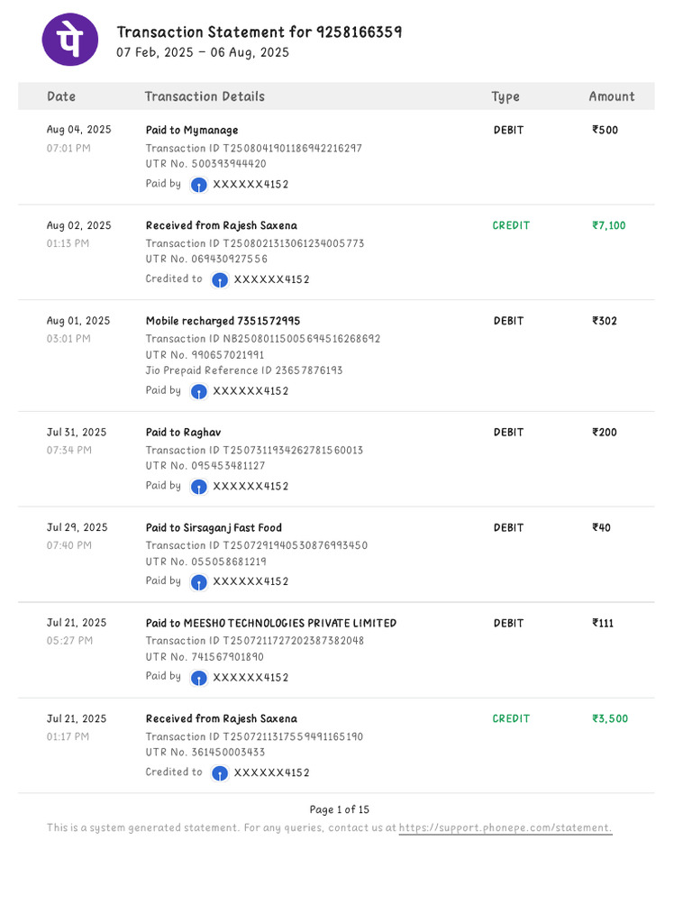 PhonePe Statement Feb2025 Aug2025 | PDF | Debit Card | Debits And Credits