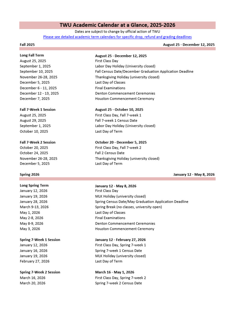 TWU Academic Calendar 2025-26 | PDF | Academic Term | Educational ...