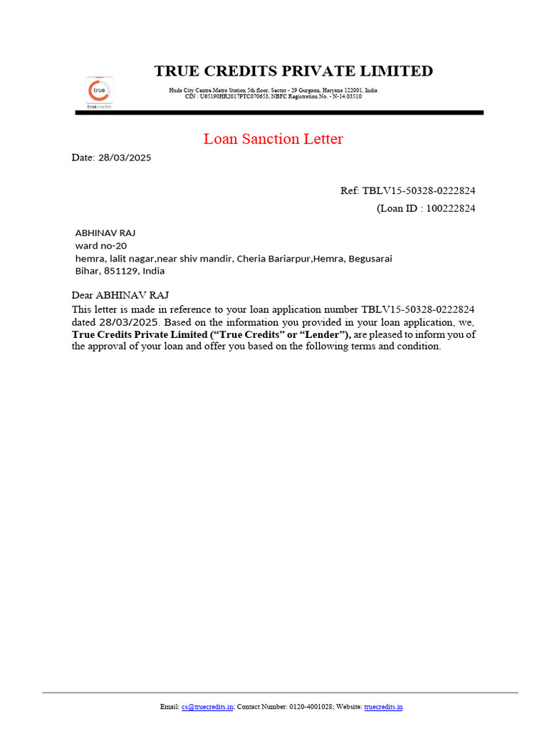 Sanction Letter | PDF | Finance & Money Management