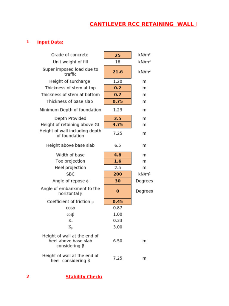 RCC Cantilever Retaining Wall Design | PDF | Structural Engineering | Soil