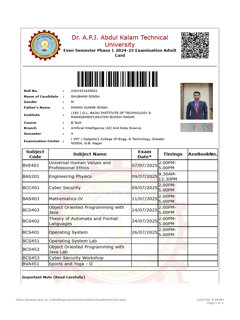 AKTU B.Tech Admit Card 2024-25 | PDF