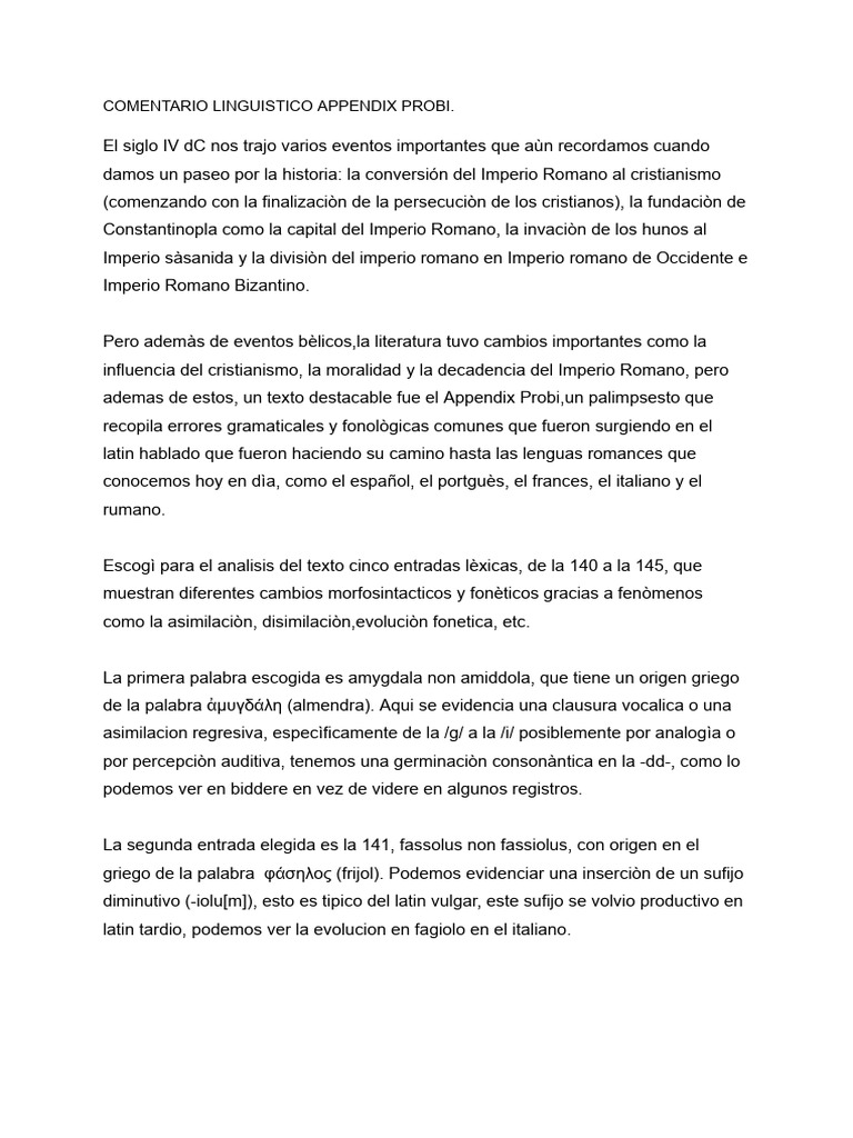Comentario Lingüístico Apendix Probi | PDF
