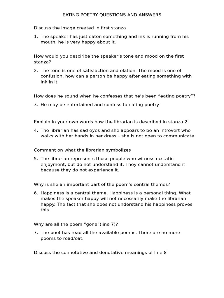 Grade 11 Eating Poetry Q&A Guide | PDF | Poetry