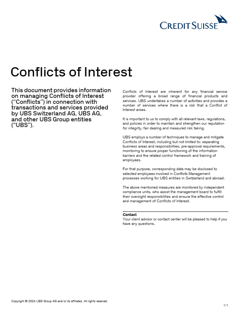 Managing Conflicts of Interest at UBS | PDF | Conflict Of Interest | Ubs