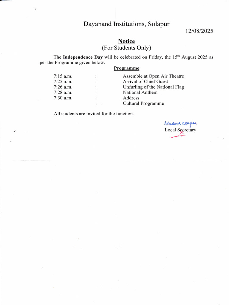 Chalwadi Sir - Independence Day Staff Notice 15082025 | PDF