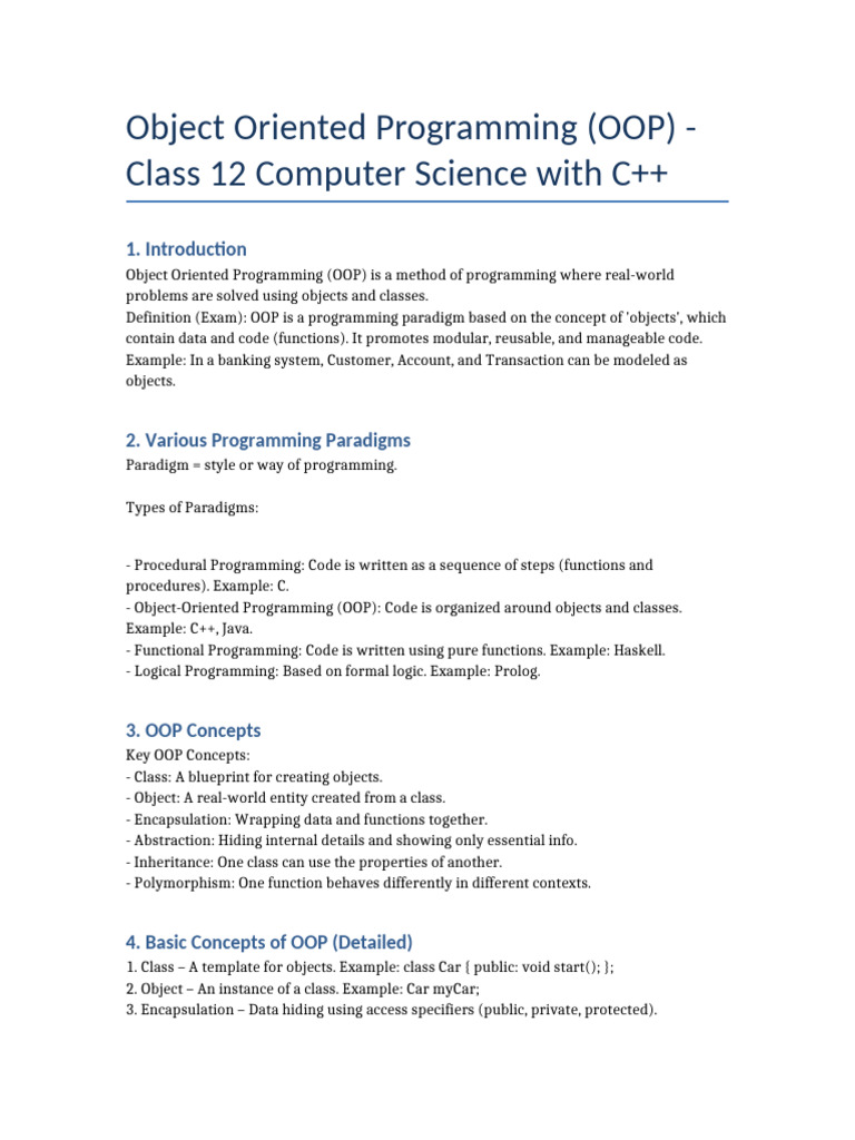 OOP Concepts for Class 12 C++ | PDF | Object Oriented Programming | Class (Computer Programming)