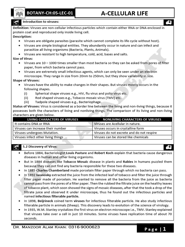 1st Year Bio Chapter No. 5 Lect No.01 Keypoints | PDF | Virus | Virology