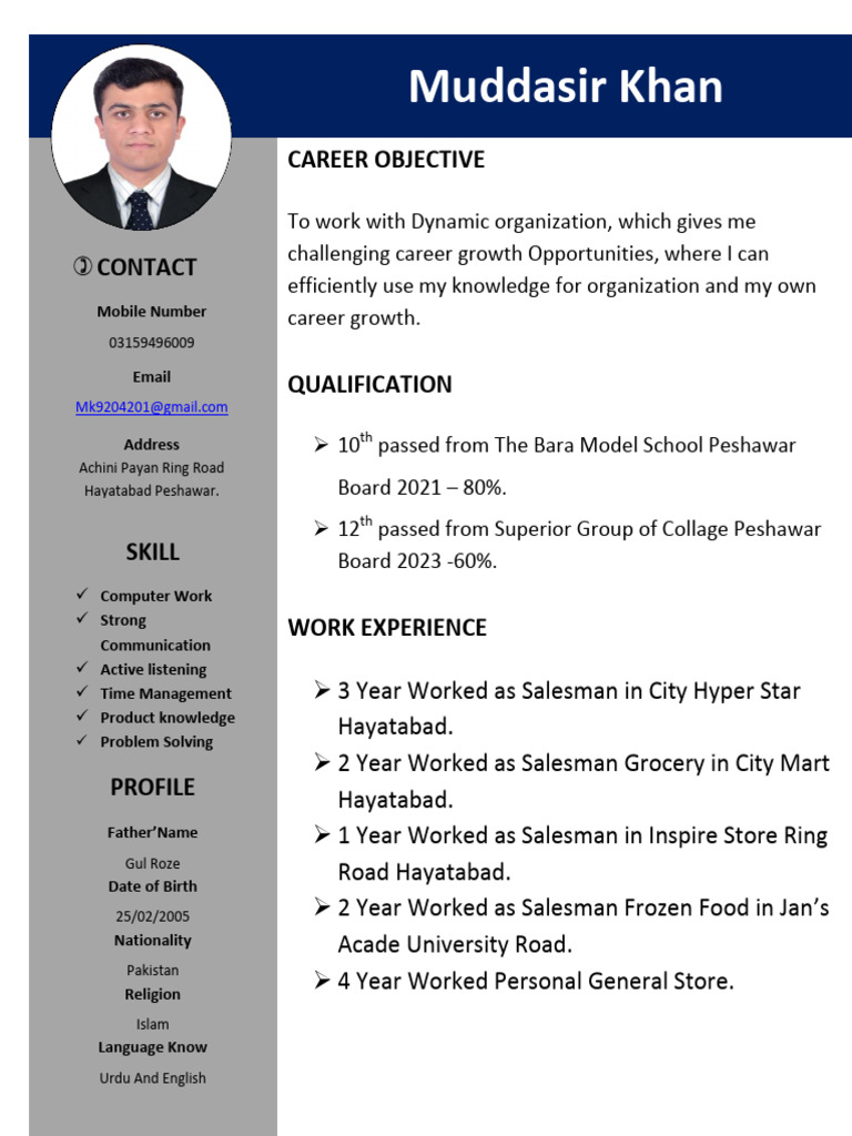 Salesman Resume of Muddasir Khan | PDF