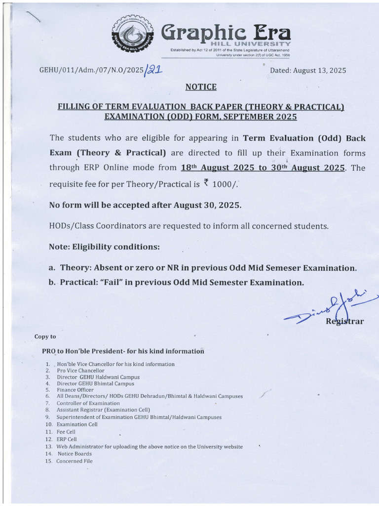 Notice No 21 Regarding Filling of Term Evaluation Back Paper (Theory & Practical) Examination ...