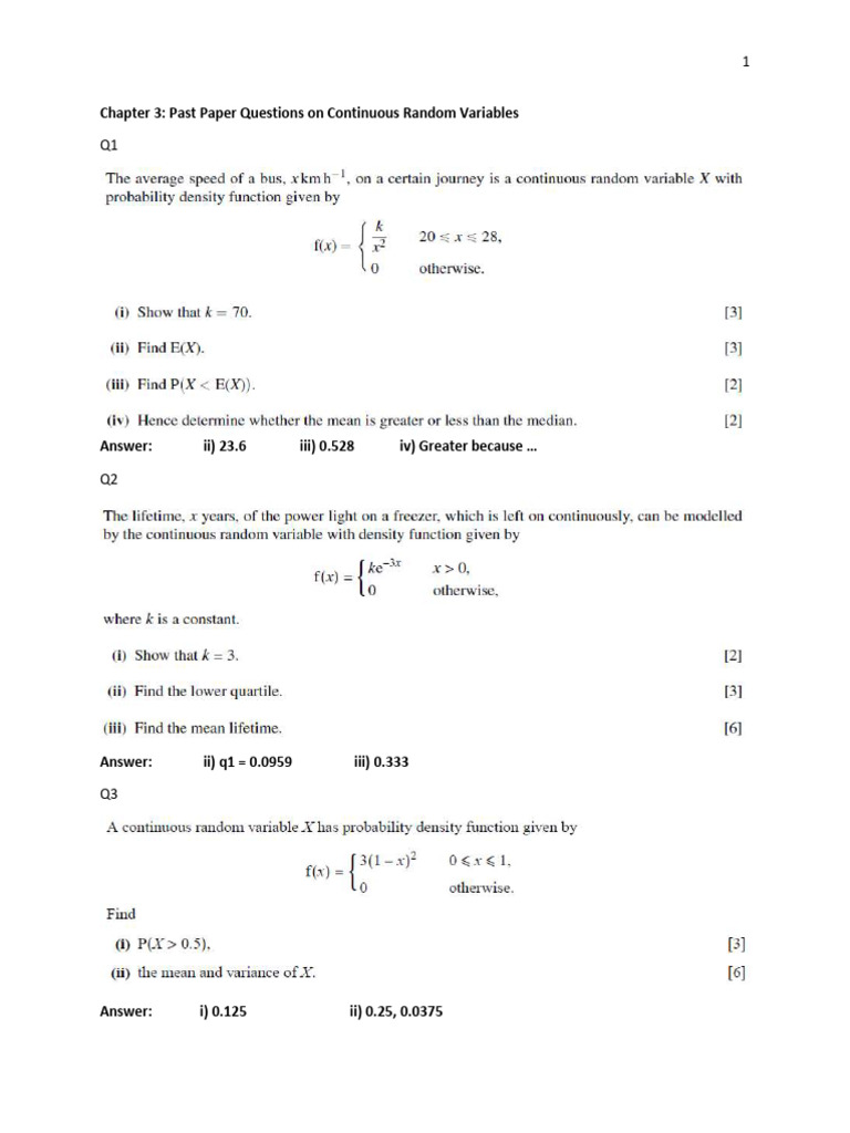 Continuous Random Variables Worksheet | PDF