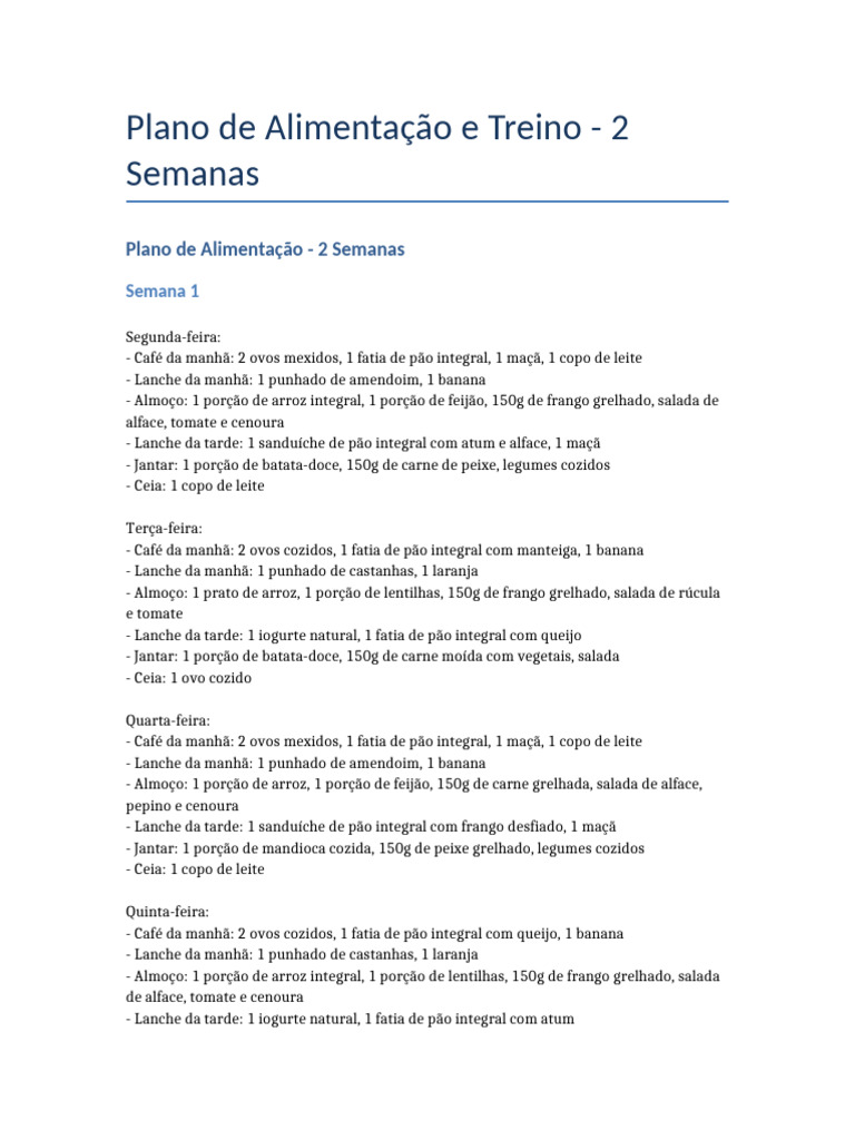 Plano de Alimentacao e Treino 2 Semanas | PDF | Sanduíche | Banana
