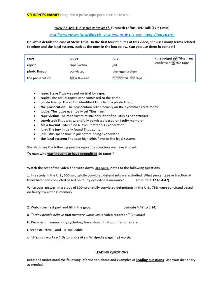 Ted Talk How Reliable Is Your Memory Elizabeth Loftus (Modified For In ...