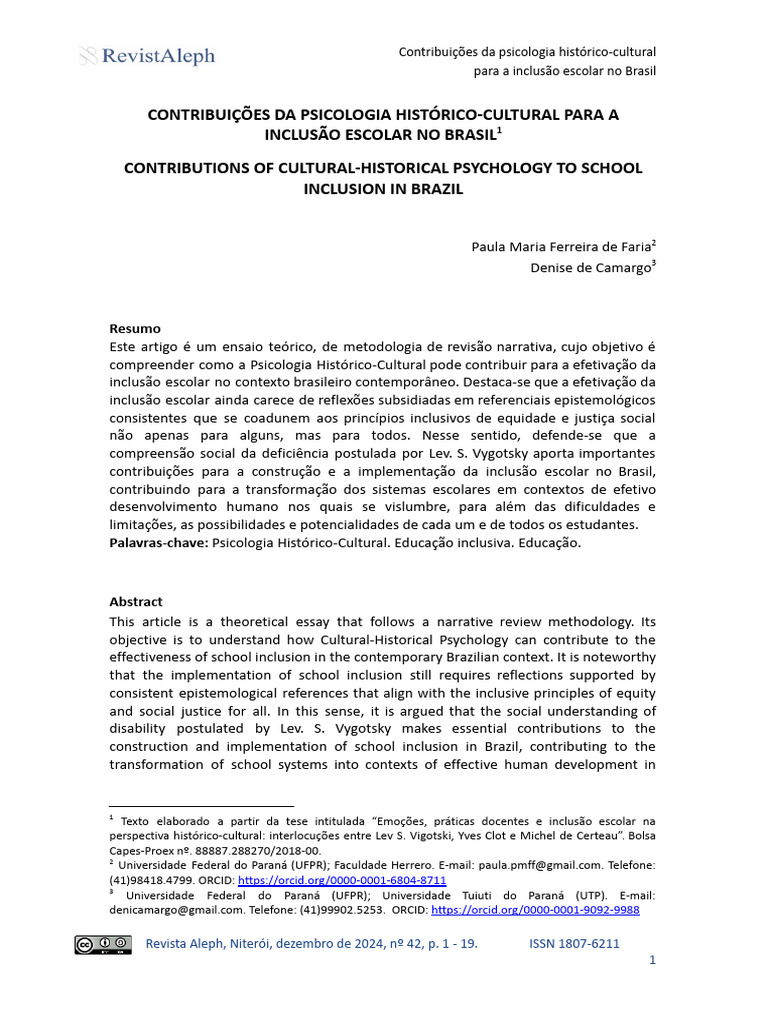 Psicologia Histórico-Cultural e Inclusão Escolar | PDF | Educação ...