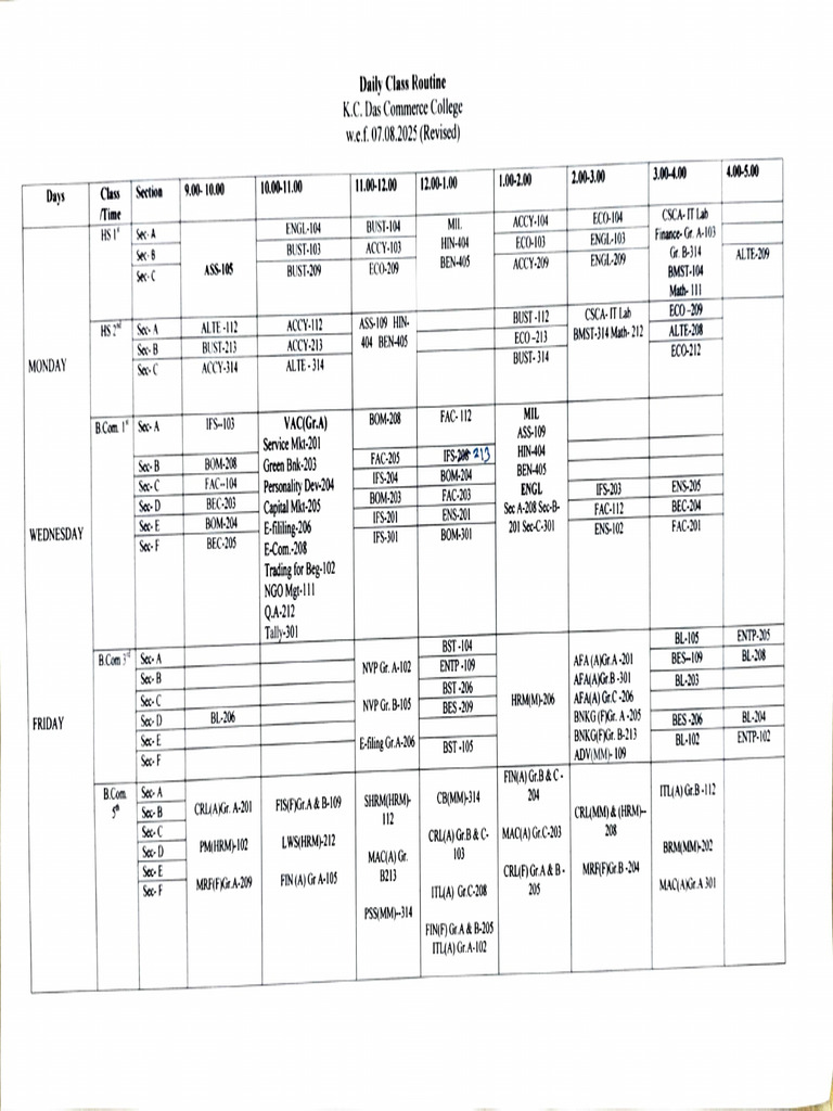 Revised Hs and B.com Routine W.E.F 07-08-2025 | PDF | Academic Degree