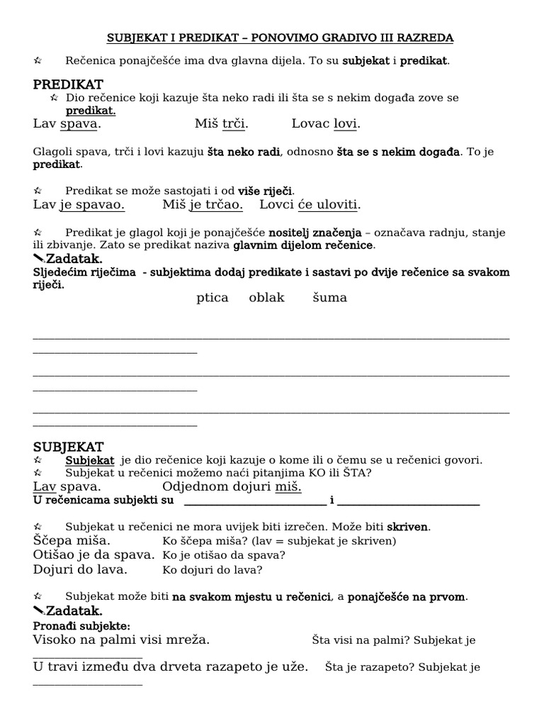 4 2 Subjekat I Predikat Zadaća | PDF
