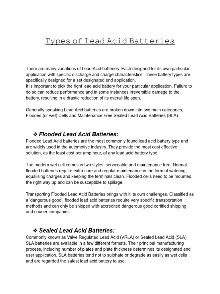 Types of Lead Acid Batteries Explained | PDF | Galvanic Cells | Energy ...