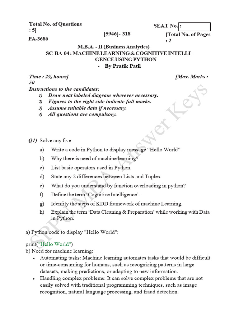 Machine Learning & Python Exam Questions | PDF | Machine Learning ...