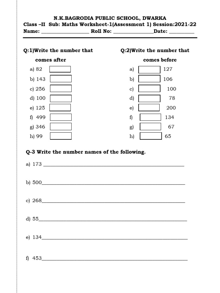 Maths Worksheets Class 2 Session 2021 22000 | PDF