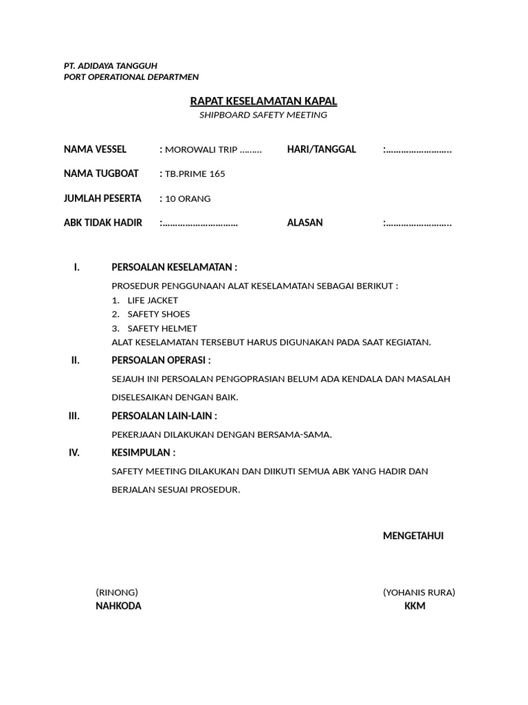 Contoh Materi Safety Talk Kapal | PDF