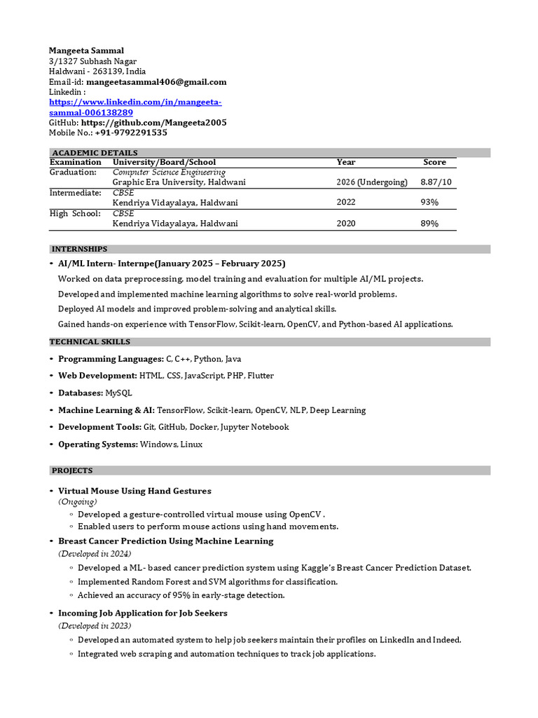 Resume of Mangeeta Sammal - CSE Student | PDF | Machine Learning ...