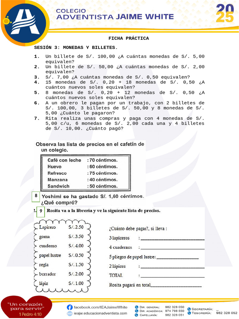 Sesión 3 Mat. Ficha Practica - Monedas y Billetes | PDF