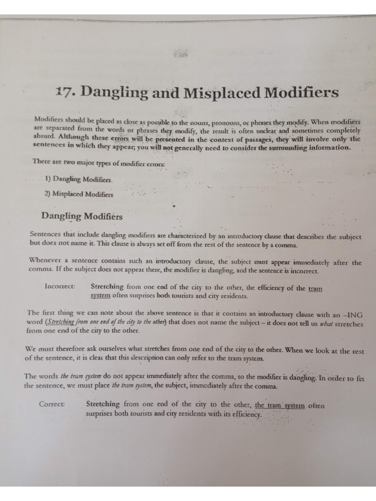 Grammar 1 Chapter 17. Dangling and Misplaced Modifiers (Theory) | PDF