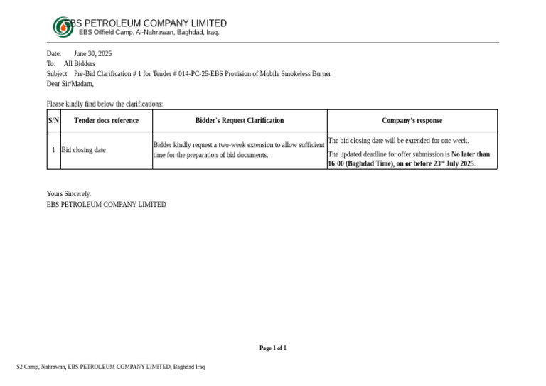 Pre-Bid Clarification #1 For Tender 014-PC-25-EBS | PDF