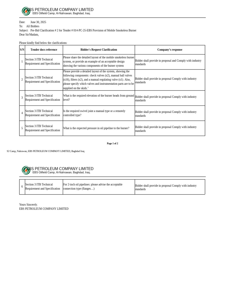 Pre-Bid Clarification #2 For Tender 014-PC-25-EBS | PDF | Resource ...