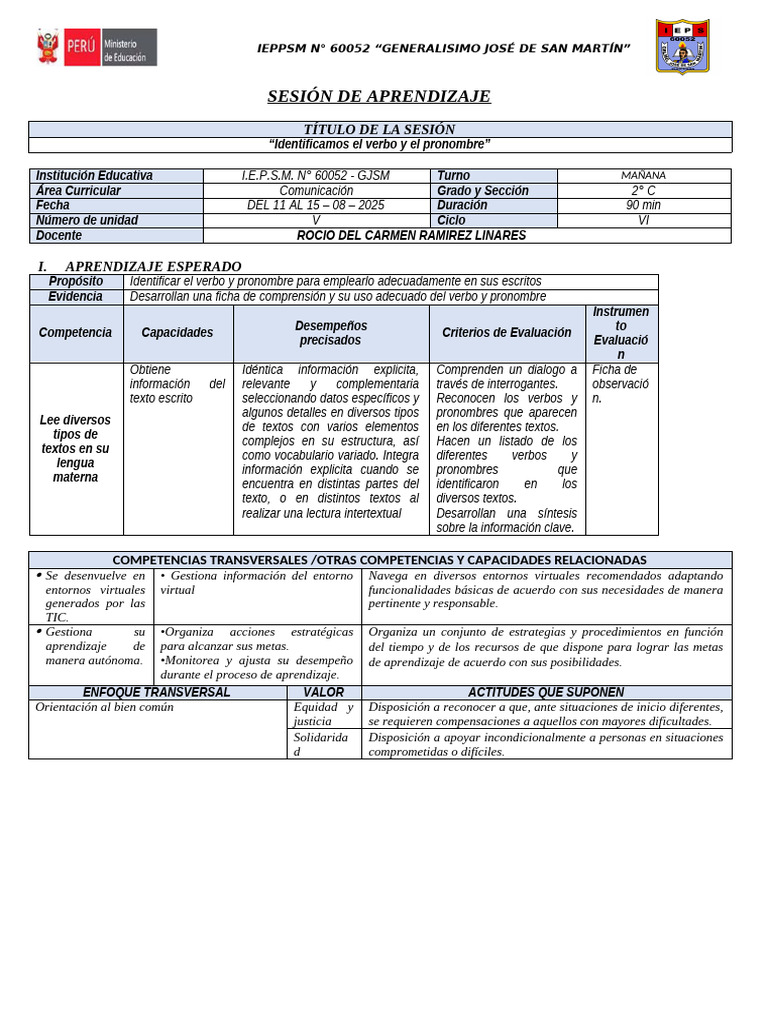 EL VERBO Y EL PRONOMBRE 2°C-RAMIREZ | PDF | Aprendizaje | Verbo