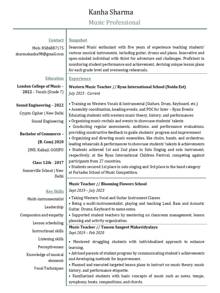 Kanha Sharma Resume 2024 | PDF | Music Education | Singing