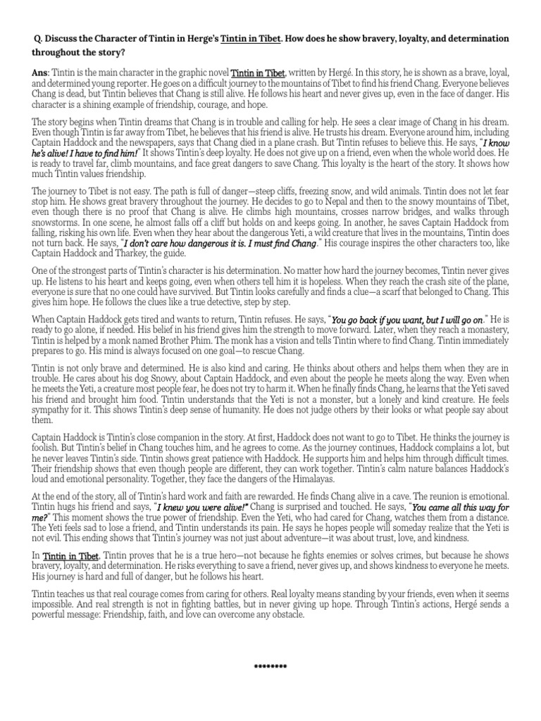 Q. Discuss The Character of Tintin in Herge's Tintin in Tibet. How Does ...