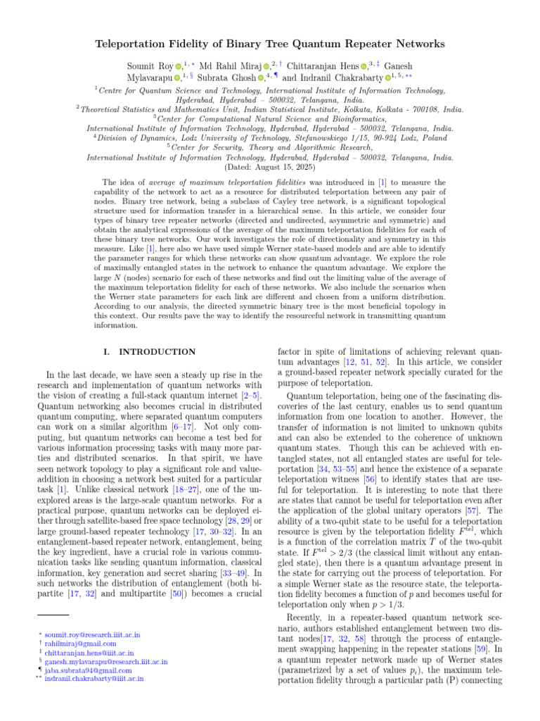 Teleportation Fidelity of Binary Tree Quantum Repeater Networks | PDF | Quantum Computing ...