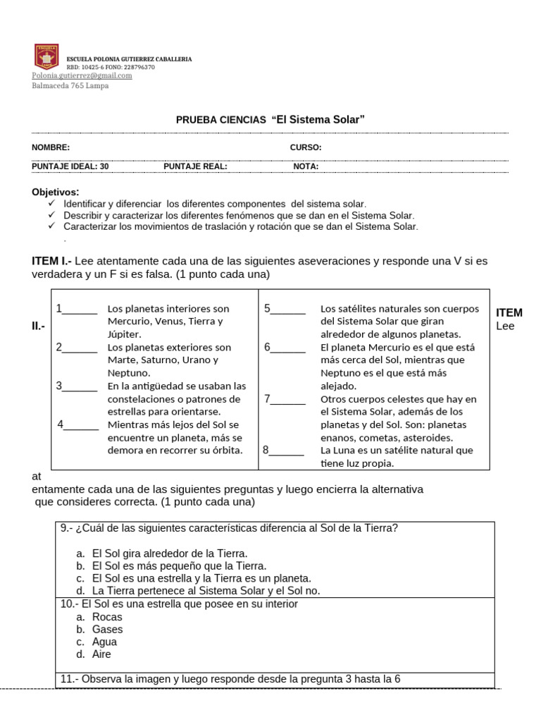 Prueba sobre el Sistema Solar para Estudiantes | PDF | Planetas | Luna