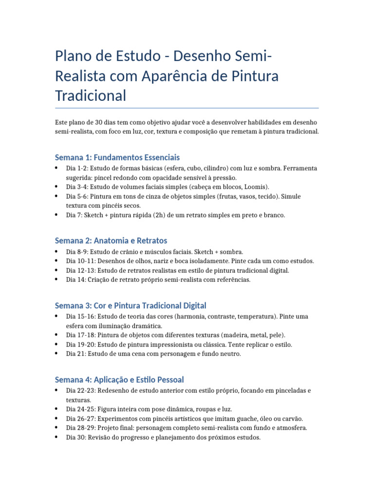 Plano Desenho Semi Realista 30 Dias | PDF