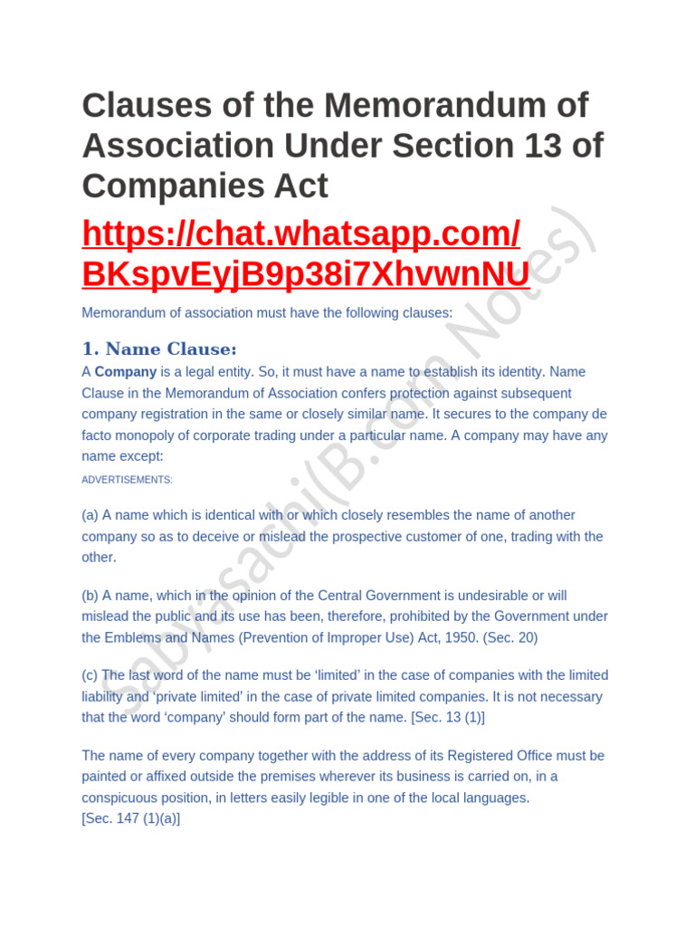 Clauses in Memorandum of Association | PDF | Civil Law (Legal System ...