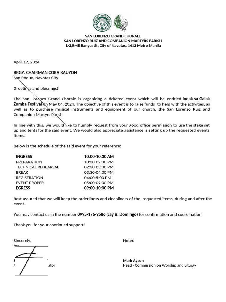 Zumba Venue Request Letter Stage and Tent | PDF
