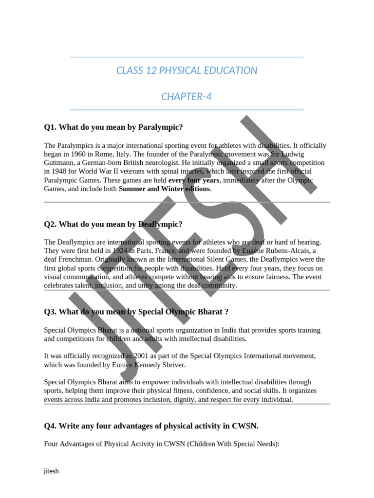Class 12 Physical Education | PDF | Paralympic Games | Self Esteem