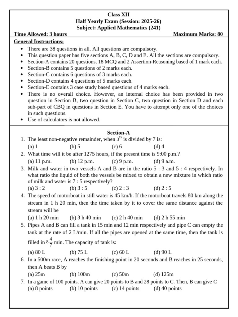XII Applied Maths Half Yearly Paper | PDF | Chess | Chess Theory