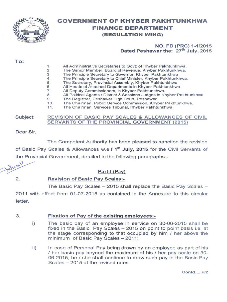 Notification of Revised Pay Scales 2015 KPK | PDF