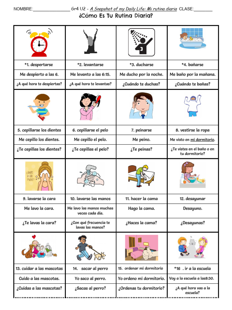 Gr4 U2 Mi Vida Diaria Daily Routine Vocab Sheets | PDF