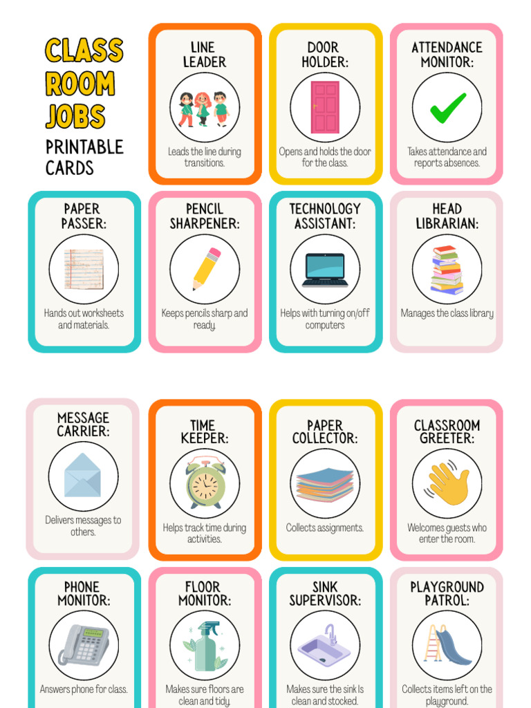 Classroom Jobs Printable Flashcards Bright Colored Illustrated Style ...