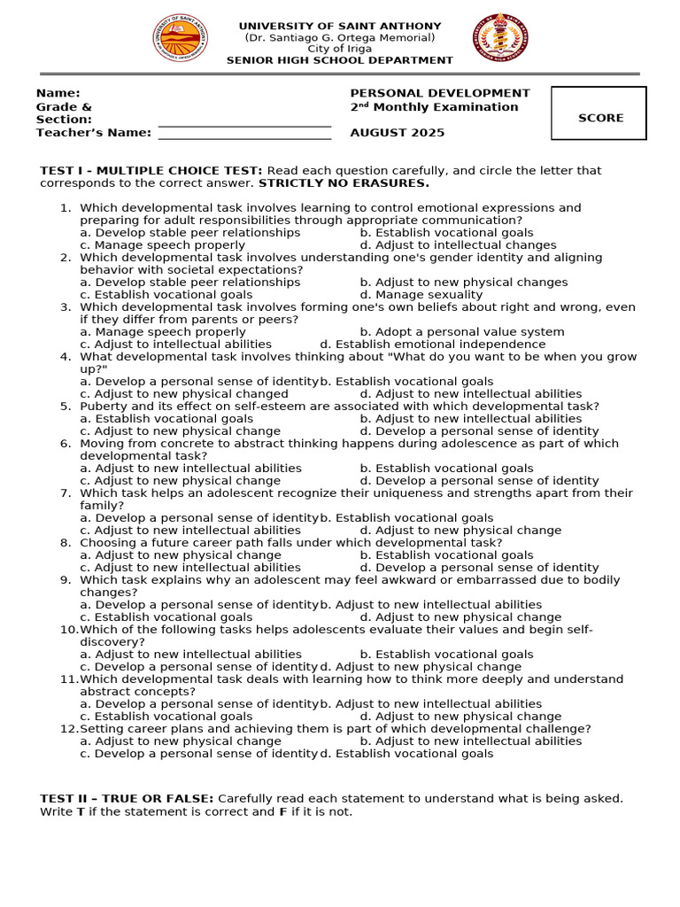 2nd Monthly Exam 2025 2026 Copy | PDF | Identity (Social Science) | Adolescence