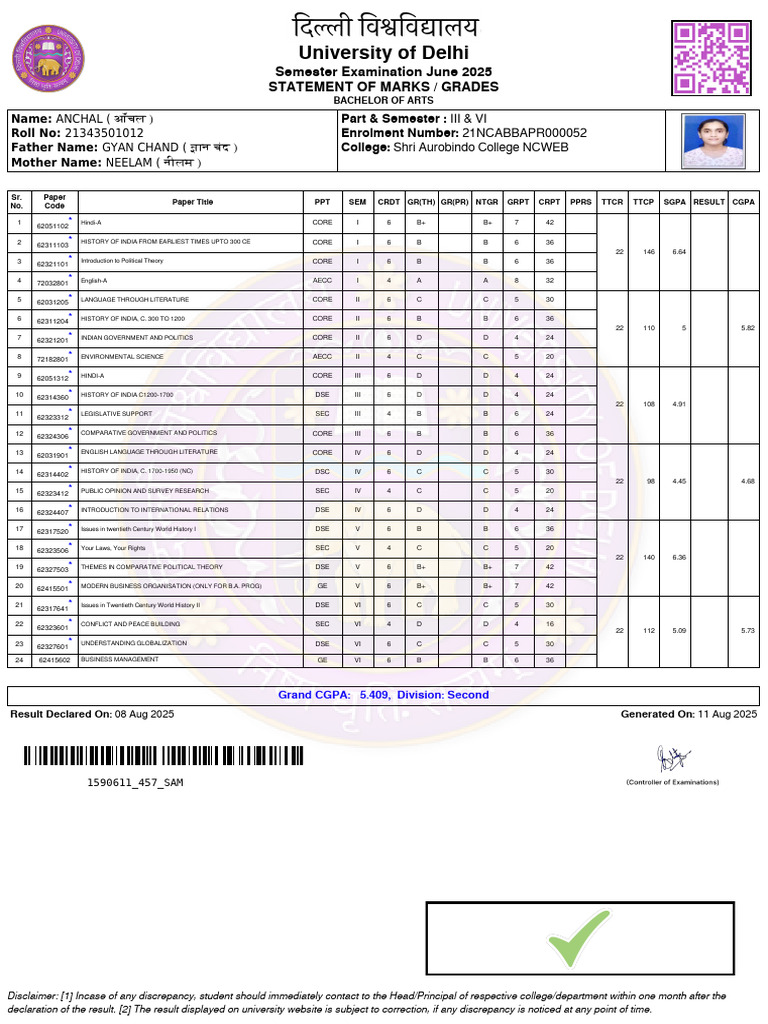 University of Delhi: Semester Examination June 2025 Statement of Marks ...