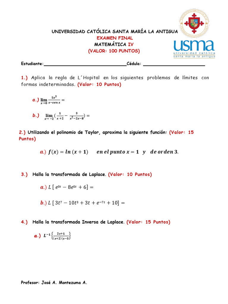 Examen Final de Matemática IV | PDF | Series (Matemáticas) | Álgebra