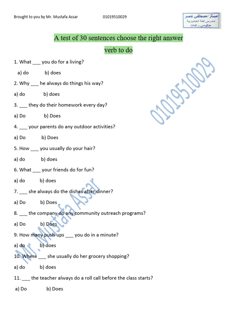 Write A Test of 30 Sentences Choose The Right Answer in English Verb To ...