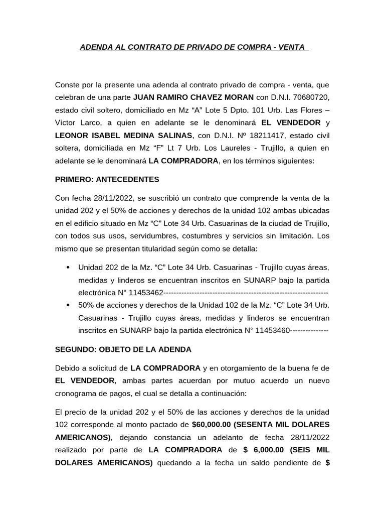 Adenda Al Contrato de Privado de Compra Leonor i. Medina Salinas Version 2 | PDF