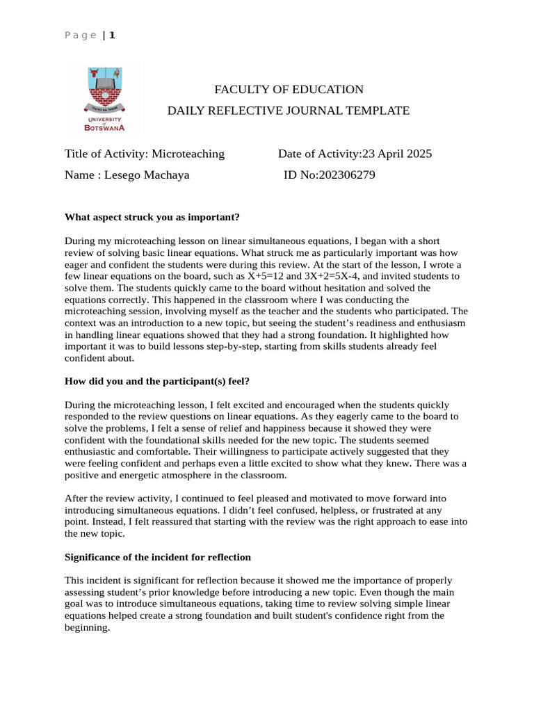 Daily Reflective Journal | PDF | Learning | Knowledge