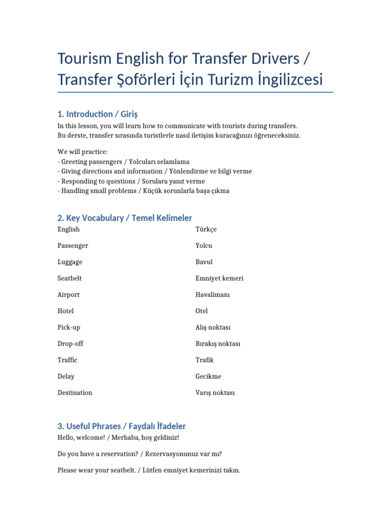 Tourism Transfer Lesson Full Bilingual | PDF