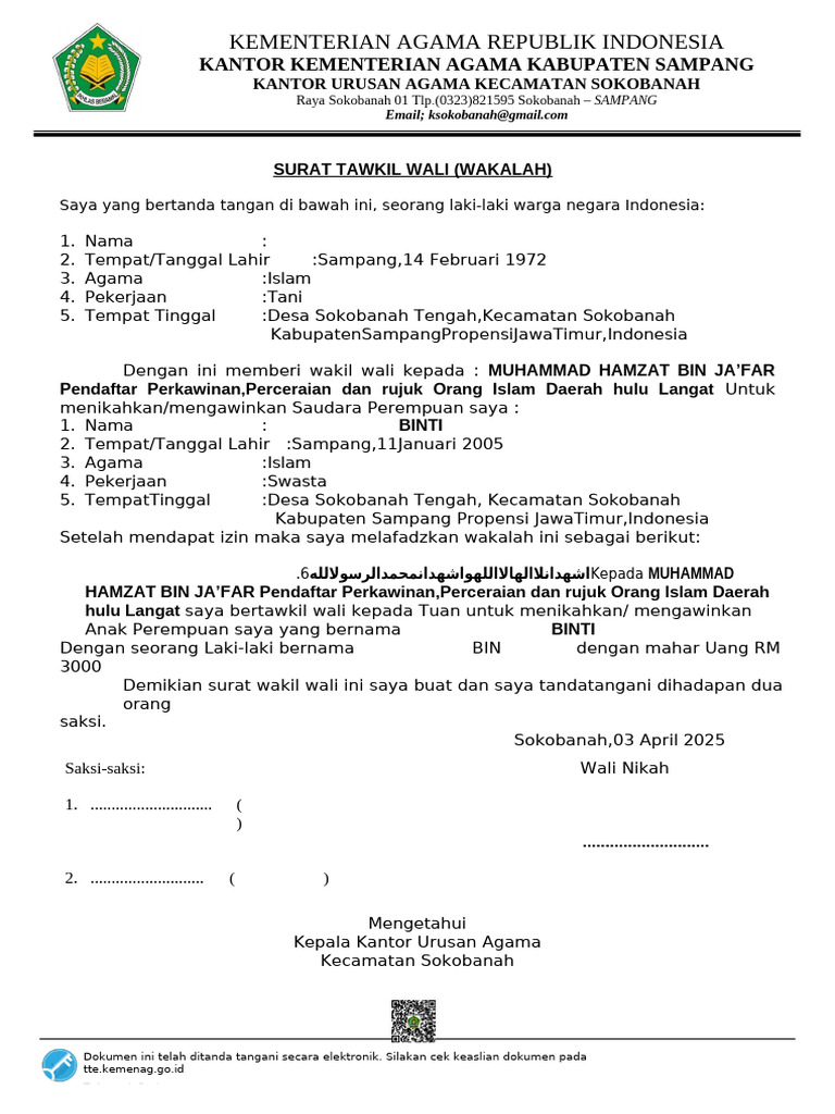 Surat Tawkil Wali Nikah Binti | PDF