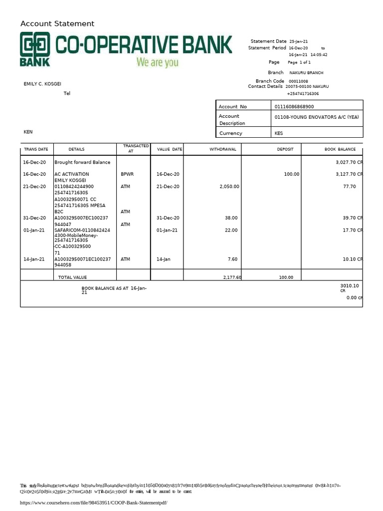 Co-op Bank Statement Summary | PDF | International Finance | Business
